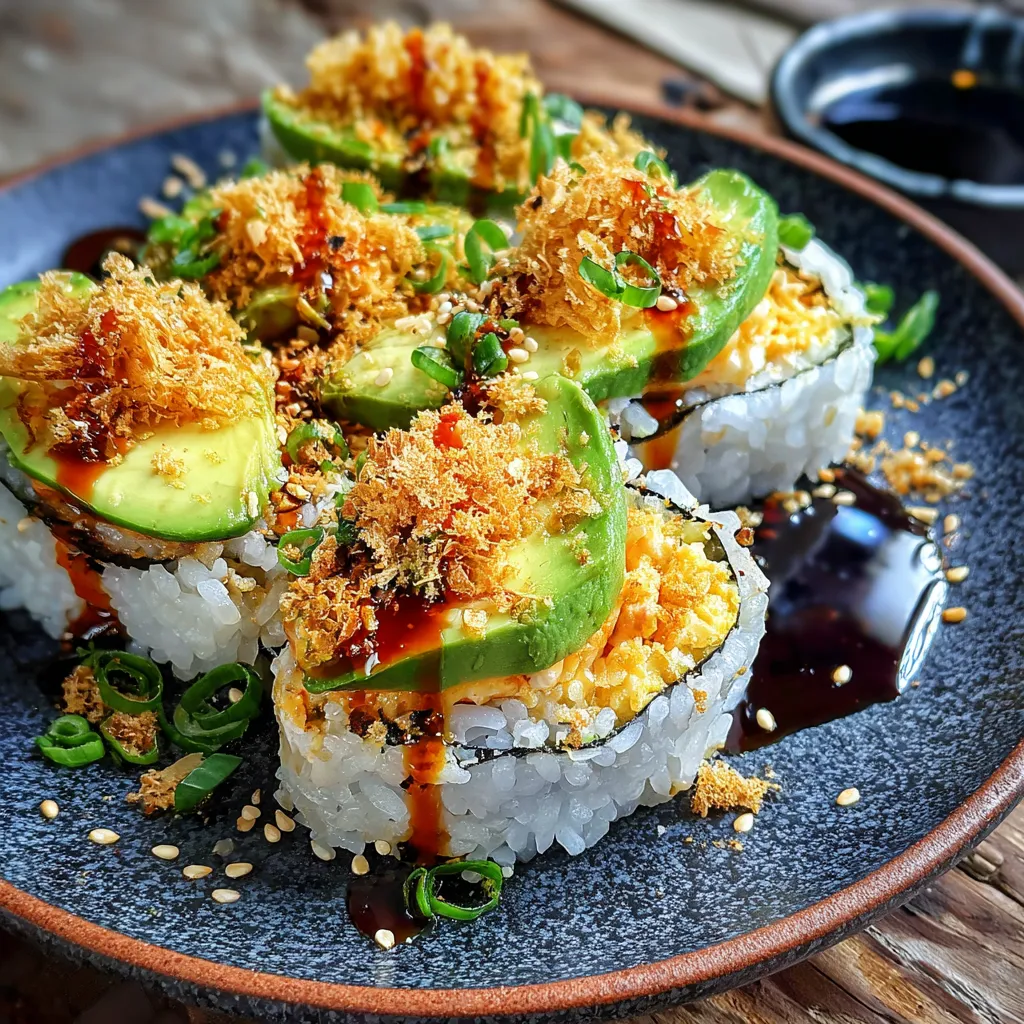 Spicy Baked Volcano Roll with Creamy Avocado and Crunchy Tempura Flakes ...