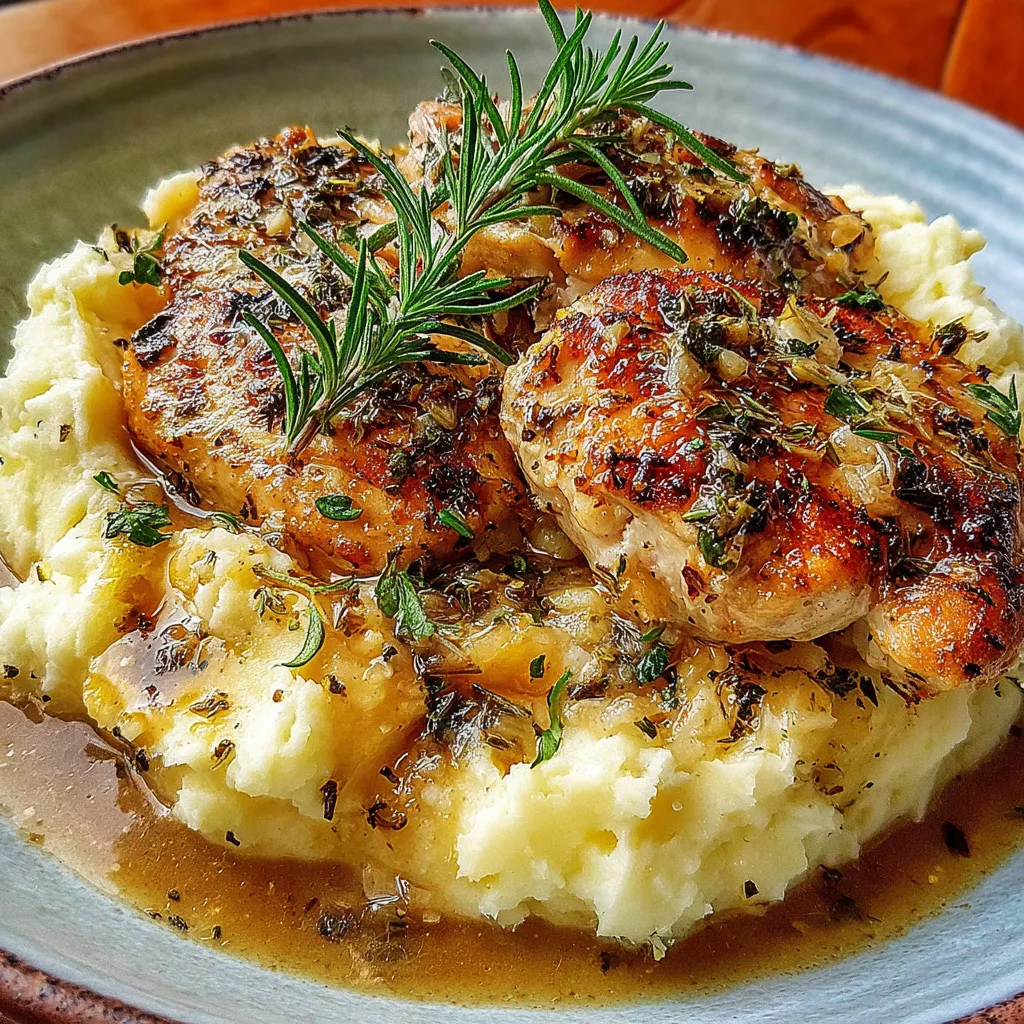 Glazed Garlic Herb Chicken Breast Over Creamy Mashed Potatoes with Pan ...